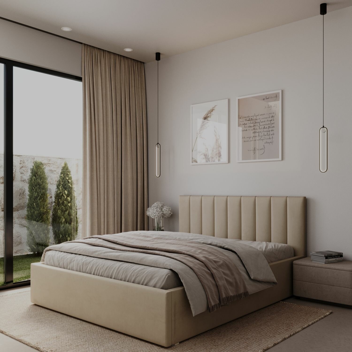 Кровать с матрасом 180х200 двуспальная с подъемным механизмом, с ящиком для белья, бежевая