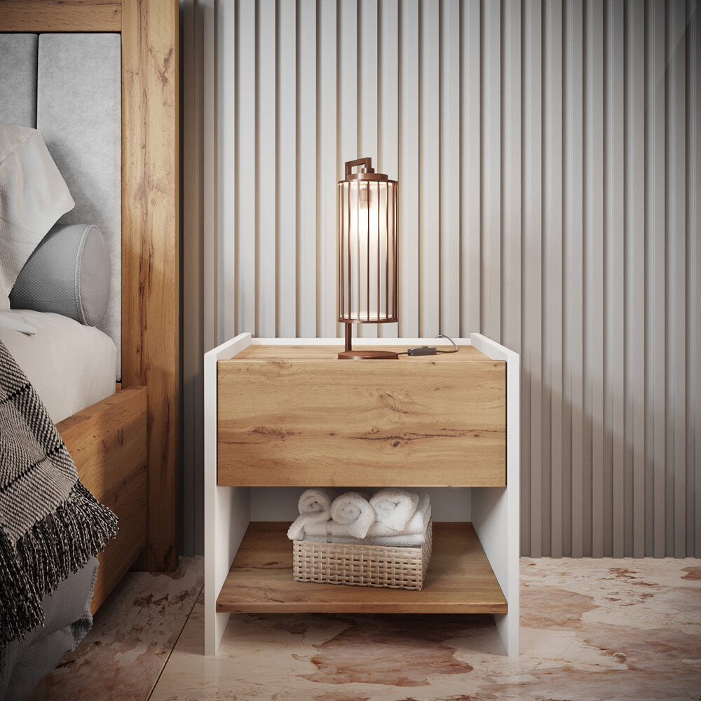 Тумба прикроватная напольная с выдвижным ящиком Фабрика Стиль Оникс 2Л, 43х40х43 см, дуб вотан и белый