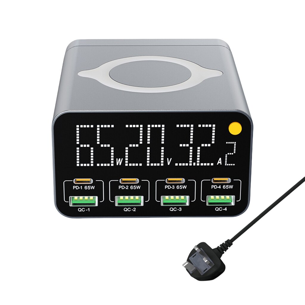 Зарядное устройство, Зарядное устройство M3 с дисплеем 4 USB + 4 Type C и беспроводной зарядкой - британский стандарт, 1 комплект