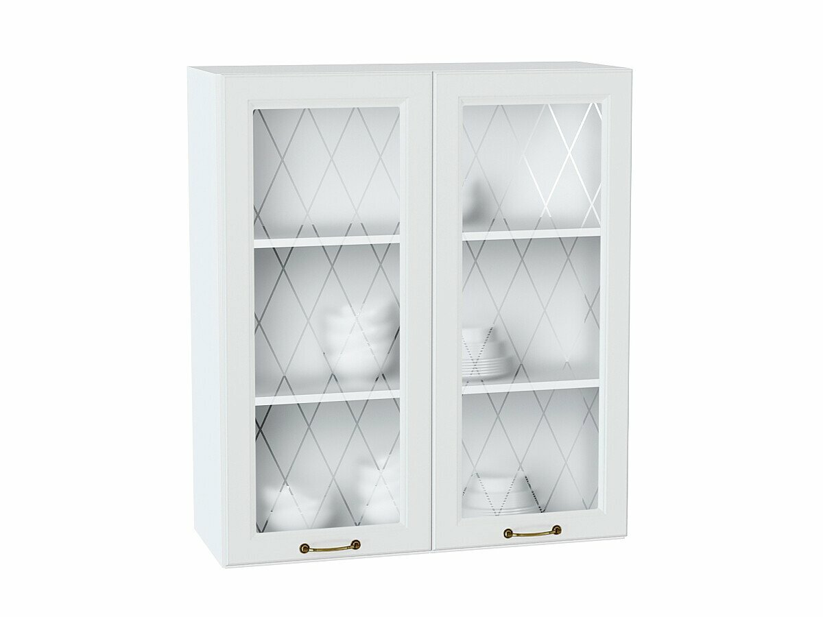 Шкаф верхний с 2-мя остекленными дверцами Ницца, цвет фасада Белый, цвет каркаса Белый, стекло White Сrystal, 920*800*318 мм