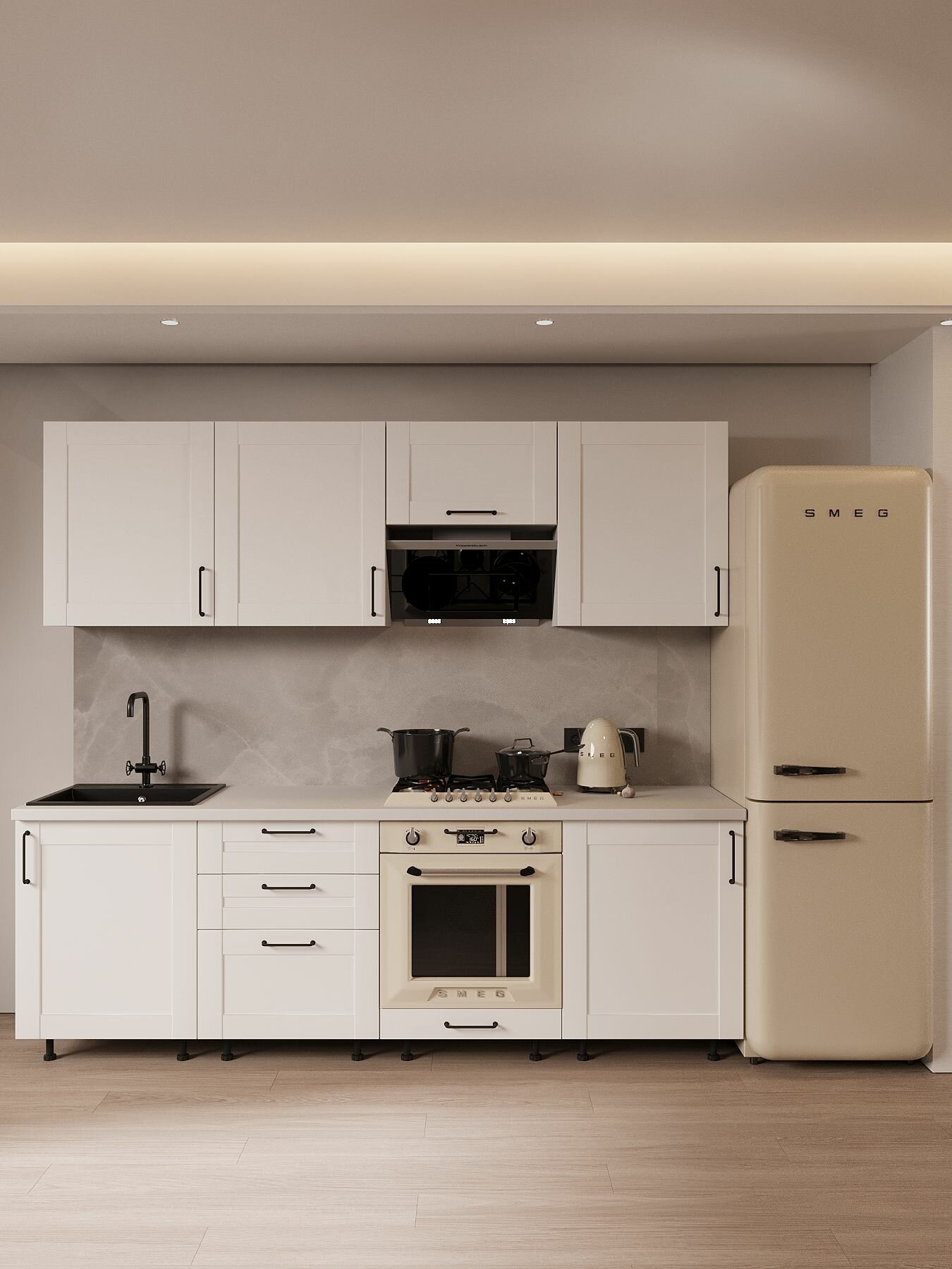 Кухонный гарнитур Аризона МДФ 2,4м белый с модулем под духовой шкаф без столешницы