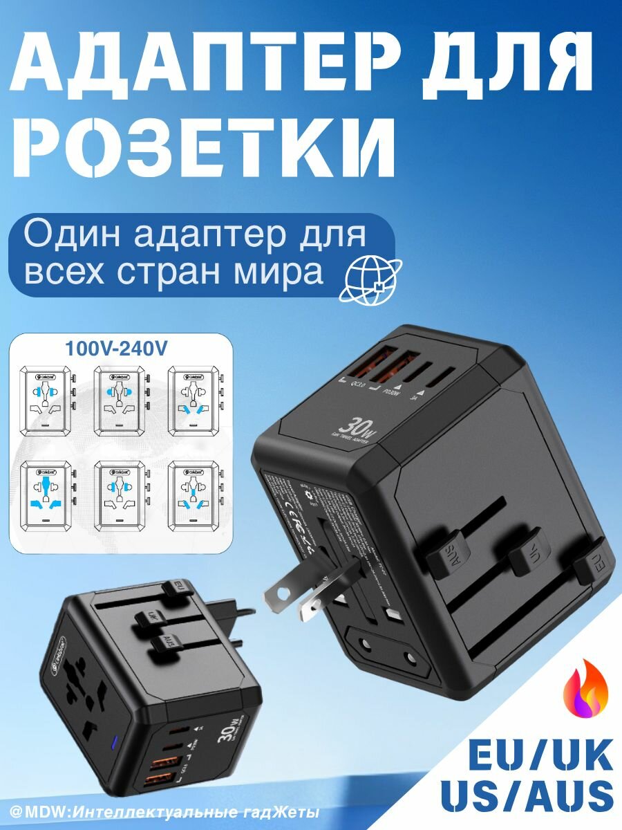 TC-07 Универсальный переходник для розеток всех типов / Сетевой адаптер для путешествий / EU/US/UK/RU (A C G I)