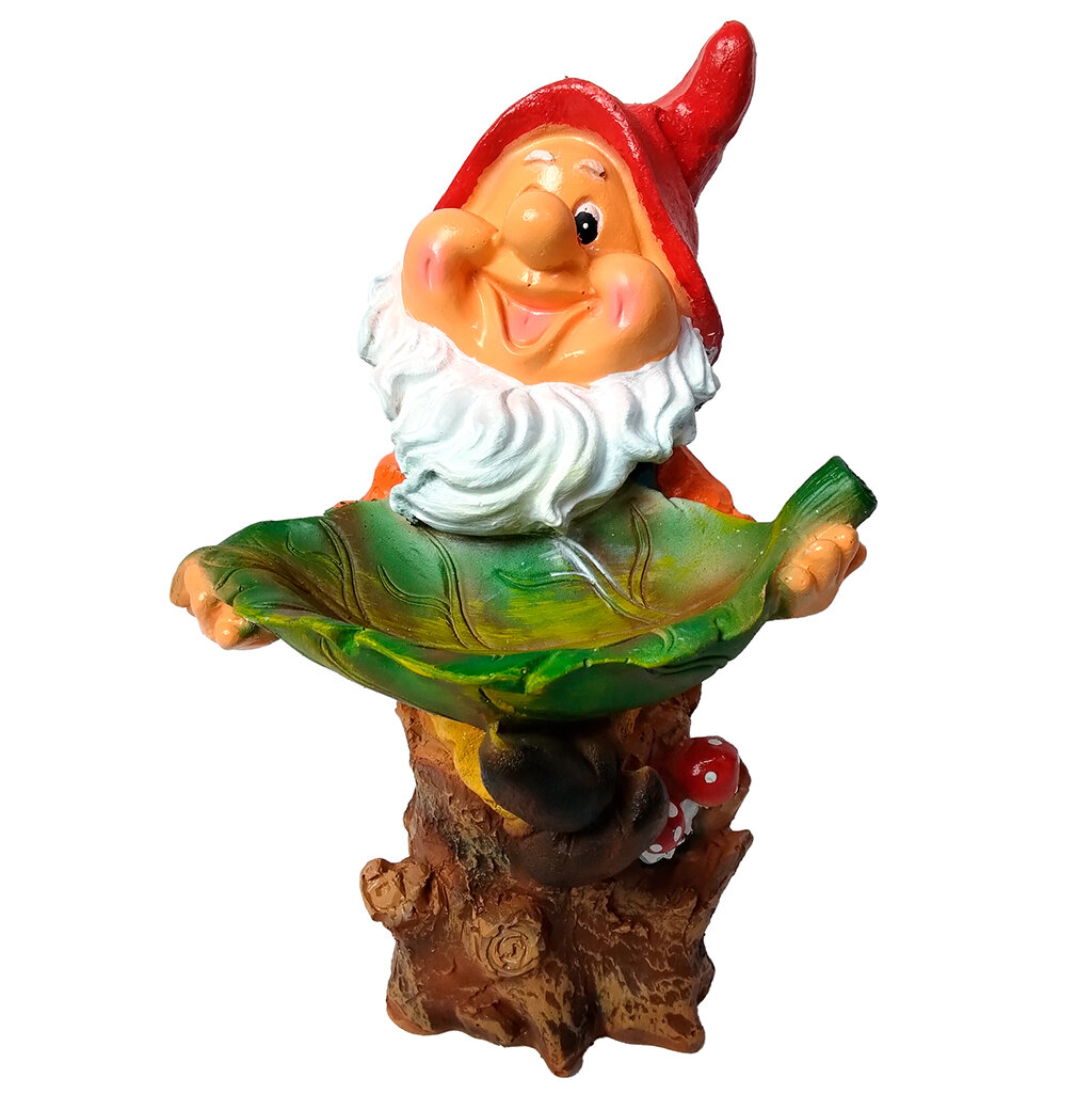 Скульптура-фигура для сада Домашняя Мода из полистоуна "Гномик держит листок" 28 см (F852)