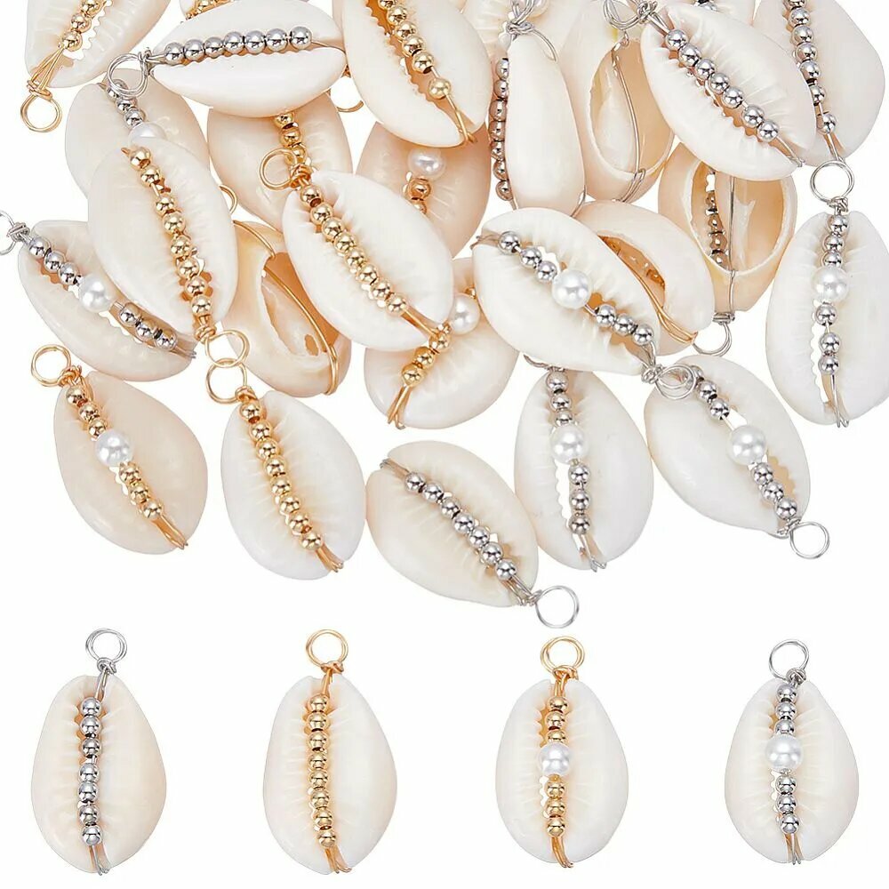 32 шт. 4 стиля подвесок из натуральных ракушек каури, медная проволока, латунные подвески-жемчужины из ракушек, разноцветные