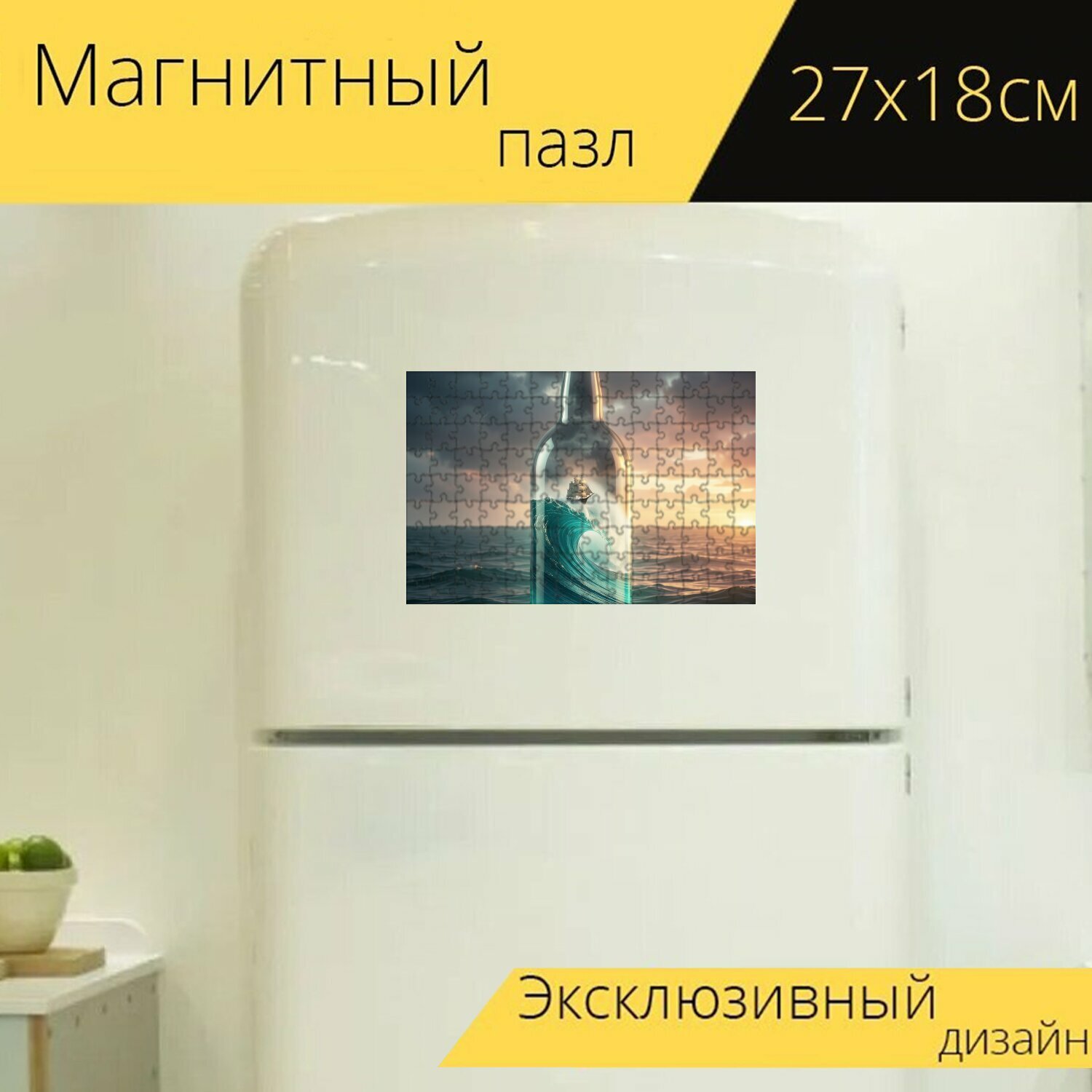 Магнитный пазл "Корабль в бутылке на море. Фантазийная морская сцена в реалистичном стиле: стеклянный сосуд с волной и парусником внутри, закатное небо." на холодильник 27 x 18 см.