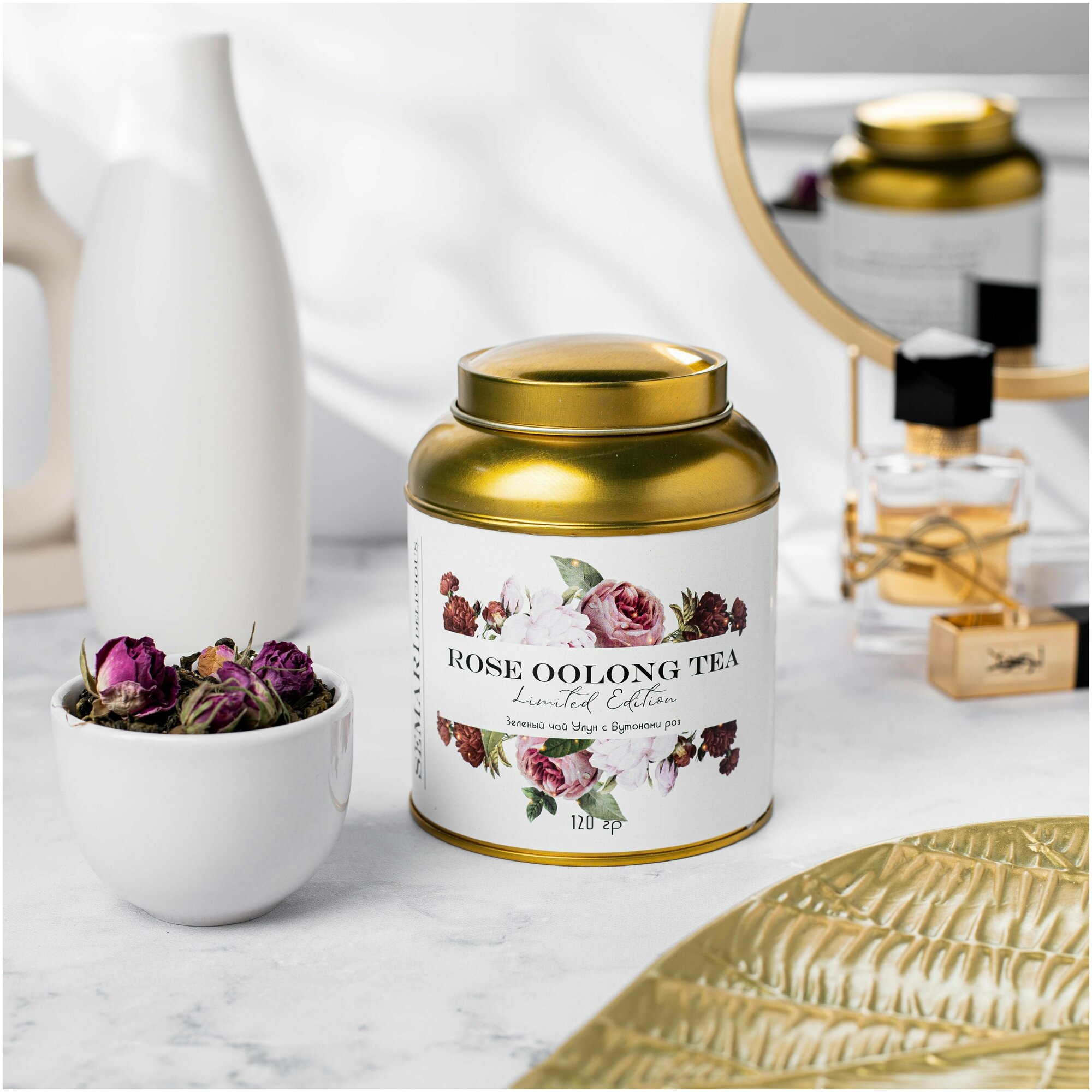 Зелёный чай Улун с розой SEMARI DELICIOUS в железной банке 120 гр