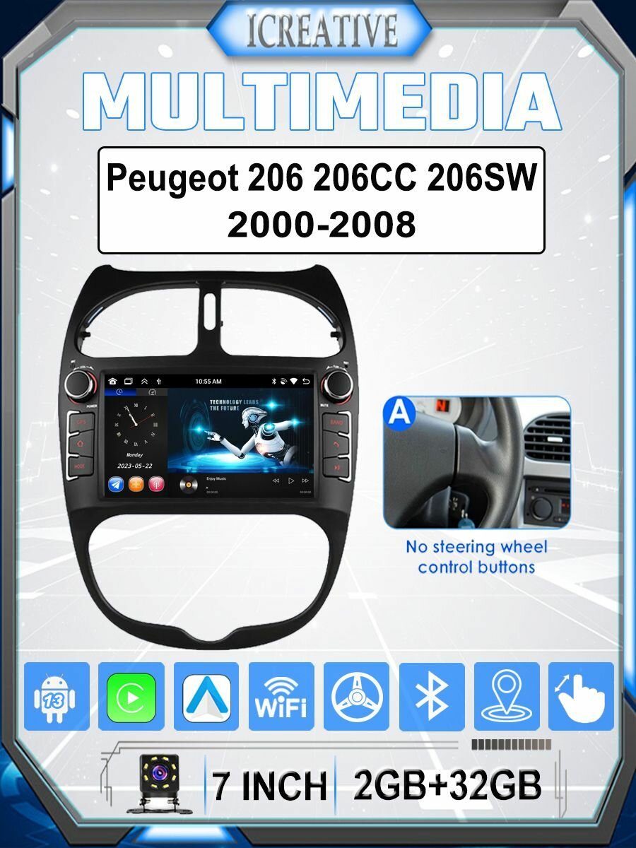Штатная магнитола 2+32Гб,7 дюймов, для Peugeot 206 206CC 206SW 2000-2008, Android Auto, Carplay, Gps навигатор, Мультимедиа плеер