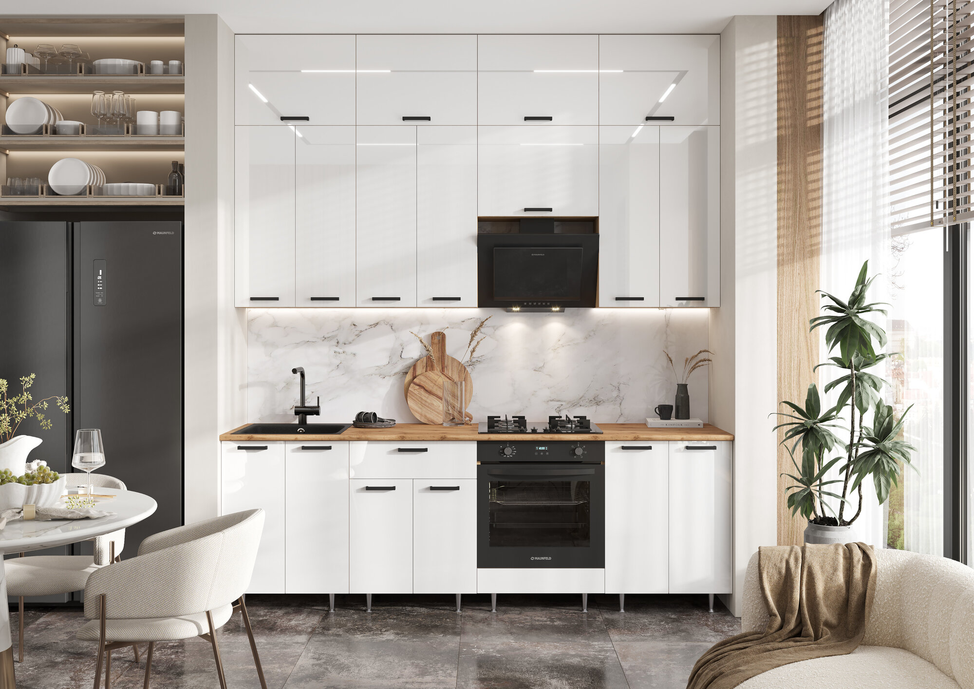 Кухня прямая Миф Рио NEW 2,4/1350м (490) Компановка №3 ЛДСП (Белый глянец, Дуб Крафт (Дуб вотан))