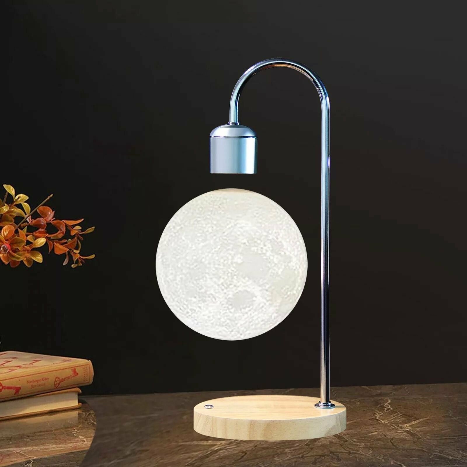 Левитирующий гравитационный светильник с деревянным основанием лампа в виде луны с быстрой Fast Charge NFC - зарядкой для смартфонов