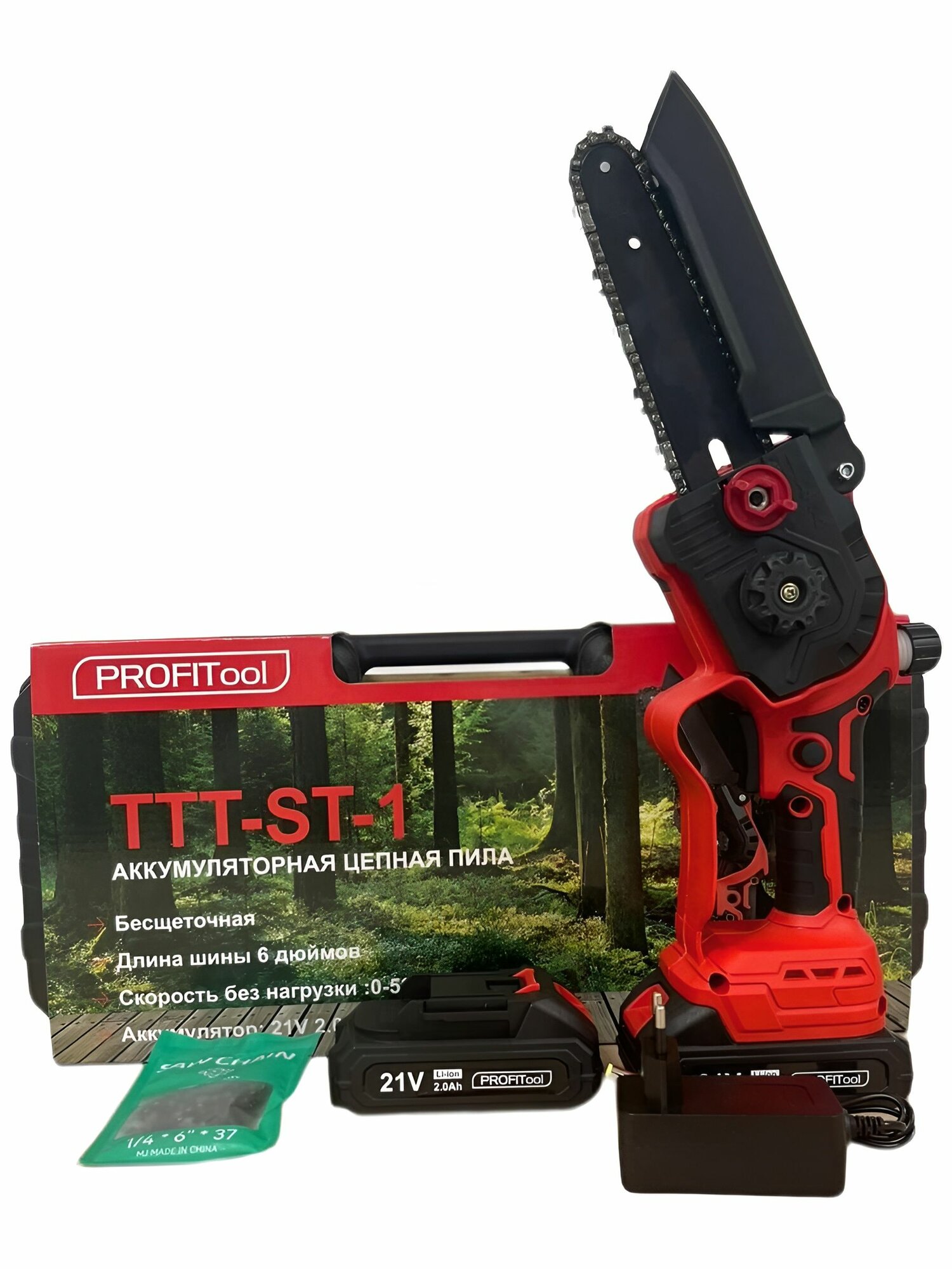 Аккумуляторная цепная пила (бесщеточный двигатель, 2 акк. 21В, 2Ач Li-Ion, шина 6", праймер смазки цепи, кейс).
