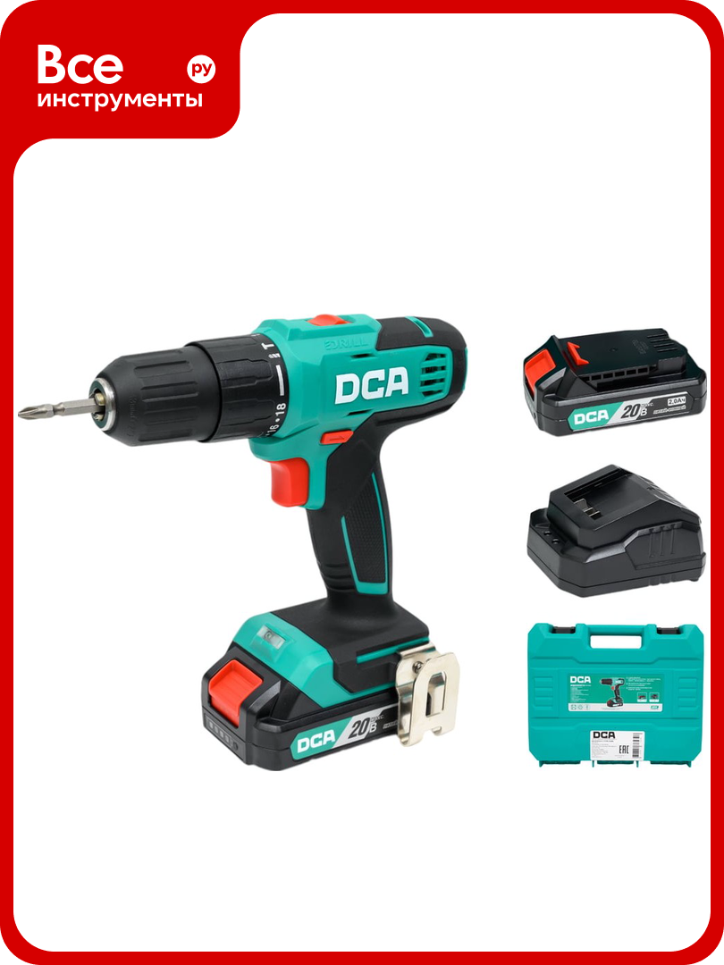 Аккумуляторная дрель-шуруповерт DCA 2 АКБ 2,0 А*ч, в кейсе ADJZ2035i13 (TYPE AM), белый, универсальный
