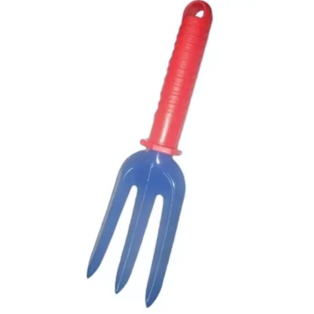 Вилка посадочная тройная с рифленой ручкой, пластик, красная ручка/синие зубья