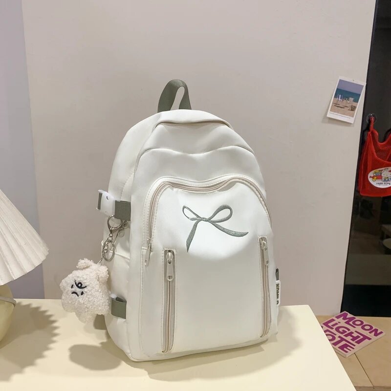 Женский рюкзак для книг, школьные сумки для книг для девочек-подростков, Harajuku, женская сумка для колледжа, 2025 год, сумка для отдыха, рюкзак для путешествий, милый рюкзак big with pendant, beige white