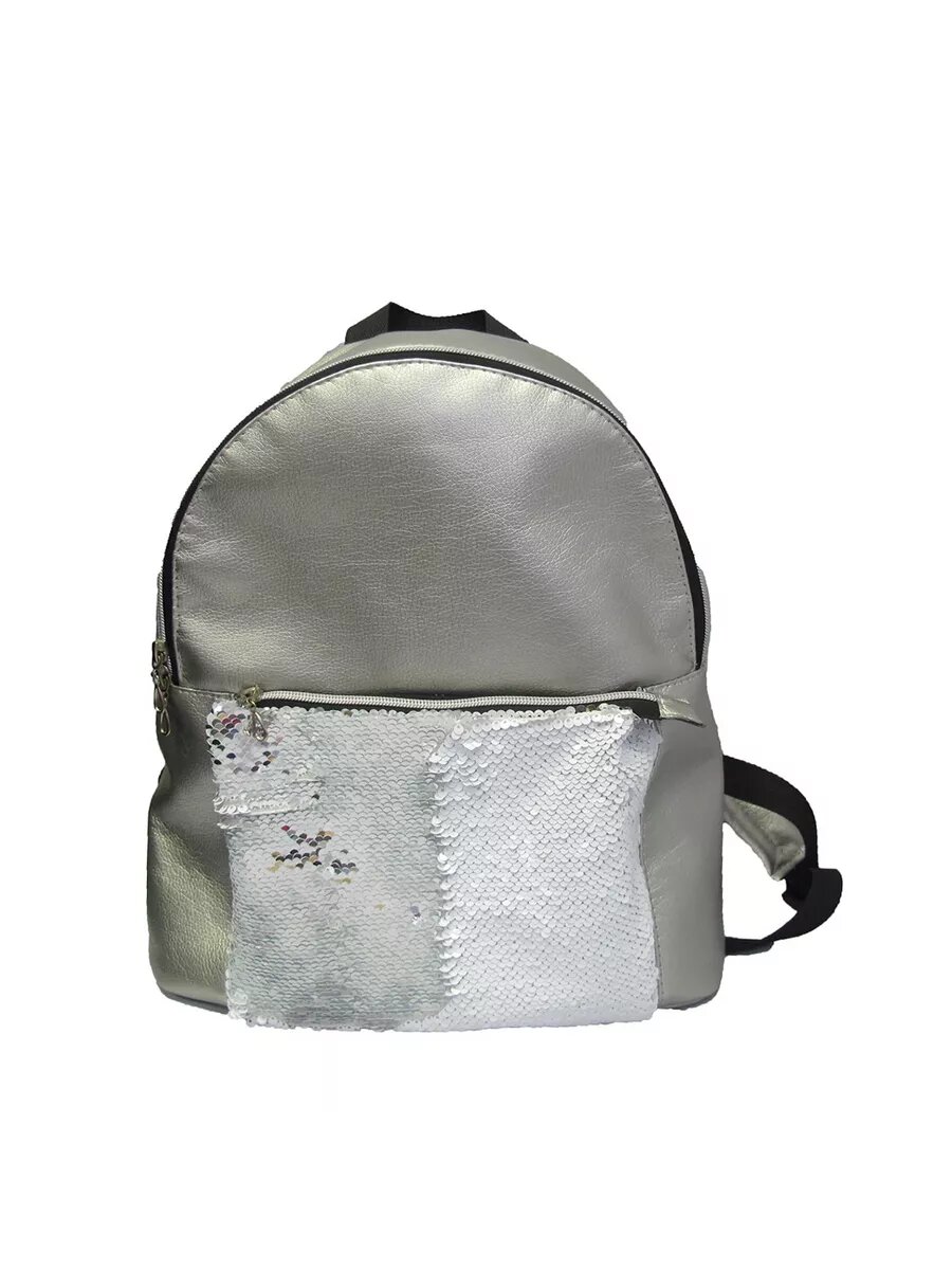 90048 Рюкзак ХАМЕЛЕОН, из серебряной экокожи, реверсивные пайетки (серебро/белый) на кармане