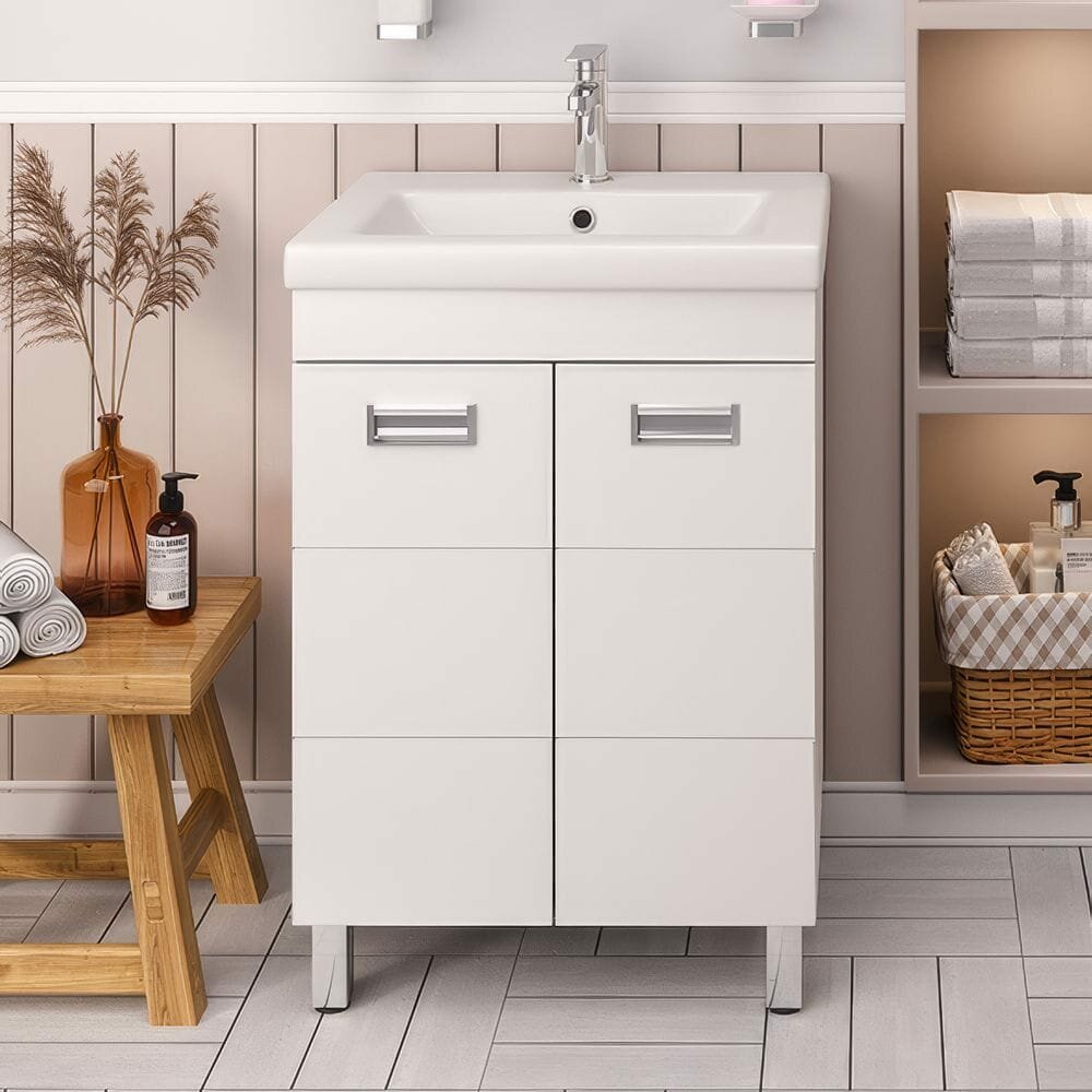 Тумба напольная EMMY Монтана 50 с раковиной Como 50 (Cersanit), на ножках, двухдверная, белая