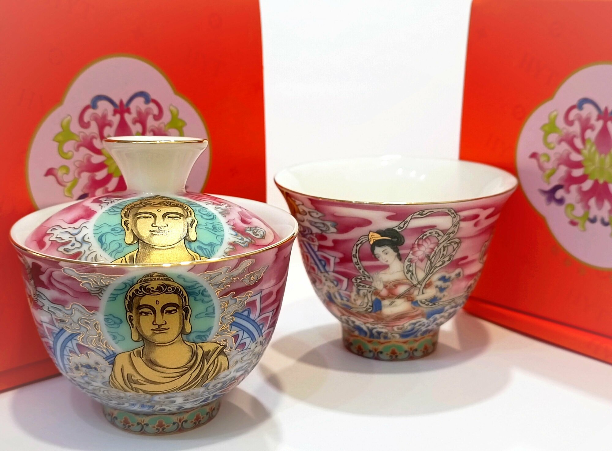 Фарфоровая чайная пара Гайвань и Пиала Будды, 90 мл, посуда для чайной церемонии в подарочных коробках. Китай