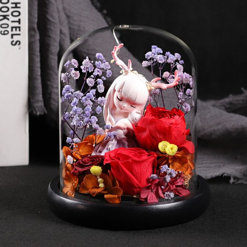 Вечный цветок в стеклянном куполе с подсветкой и фигуркой, подарок, ночник