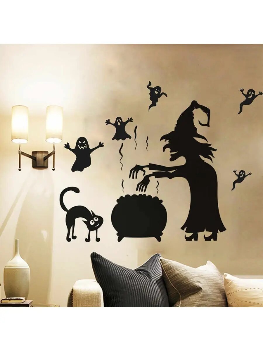Наклейка на стену для декора интерьерная Ведьма с кошкой
