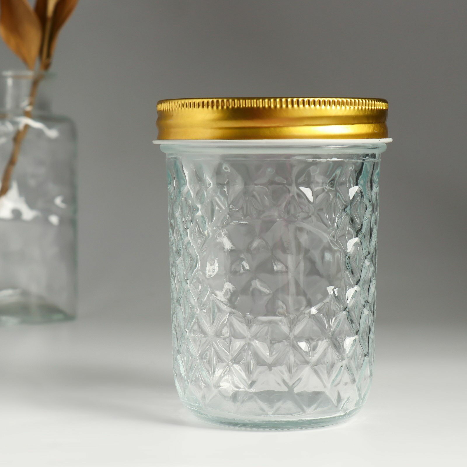 Банка для свечей стеклянная с крышкой "Ромбы" прозрачная 500 мл 8.5x8.5x12 см