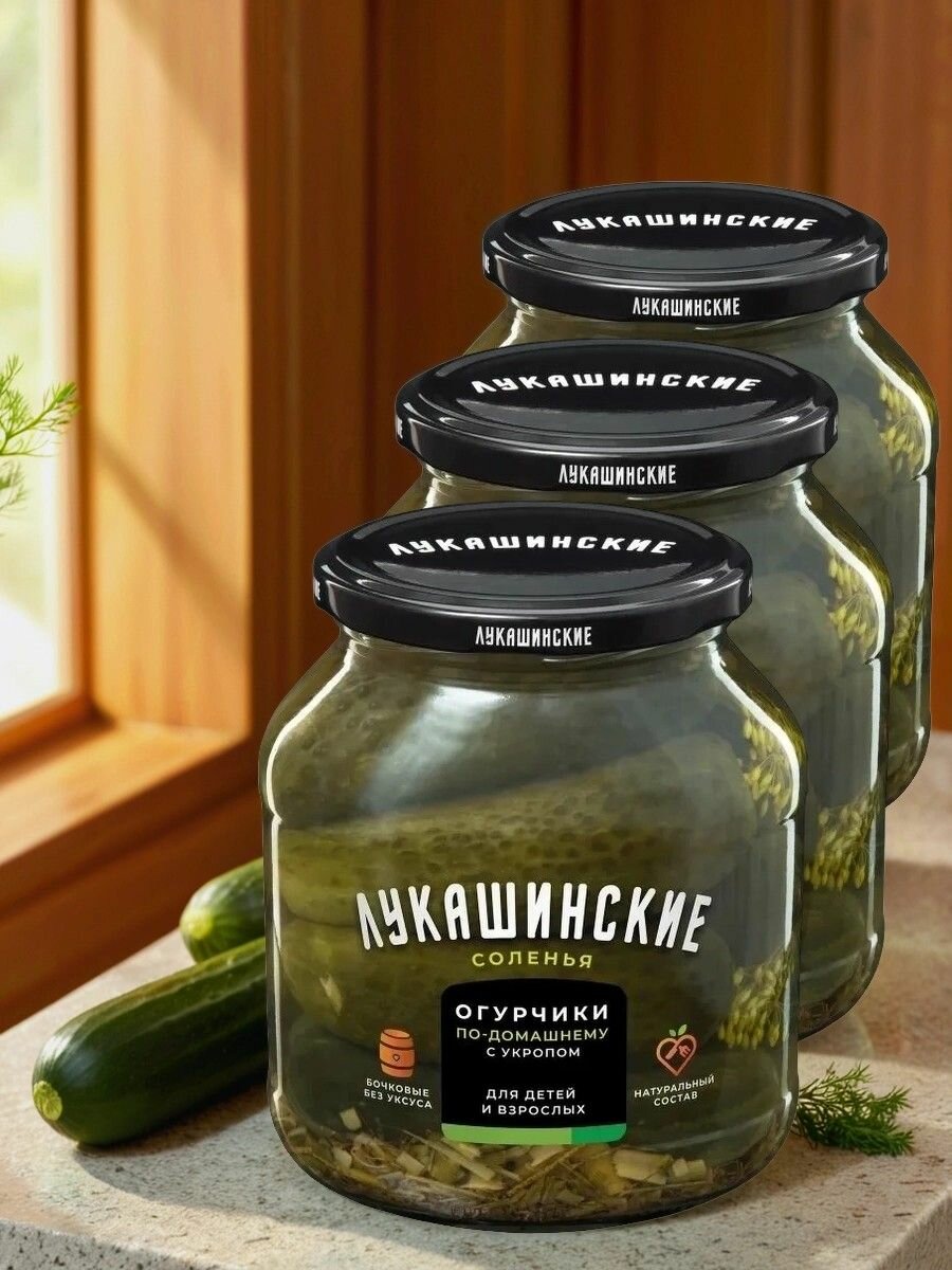 Огурчики "Лукашинские" соленые "По-домашнему" с укропом 670 г (Набор 3шт)