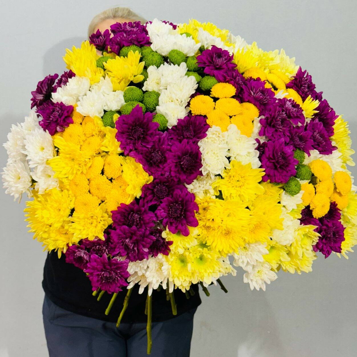 Огромный букет 51 кустовых хризантем балтика микс. Цветы хризантемы