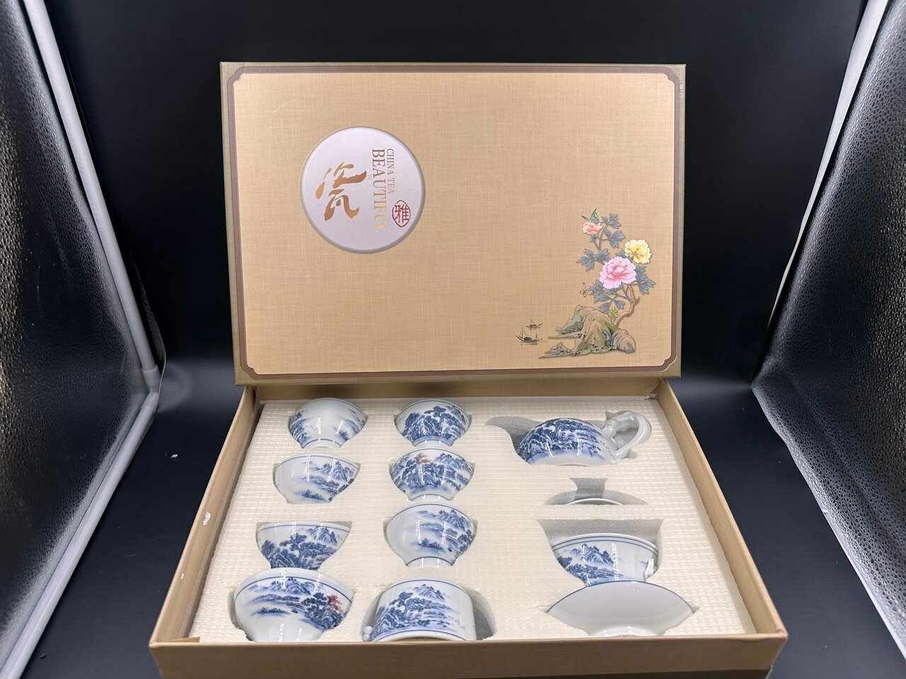 Набор "Винтажный пейзаж", чайный сервиз 9 предметов (гайвань, чахай, сито, 6 пиал), керамика, серо-голубой