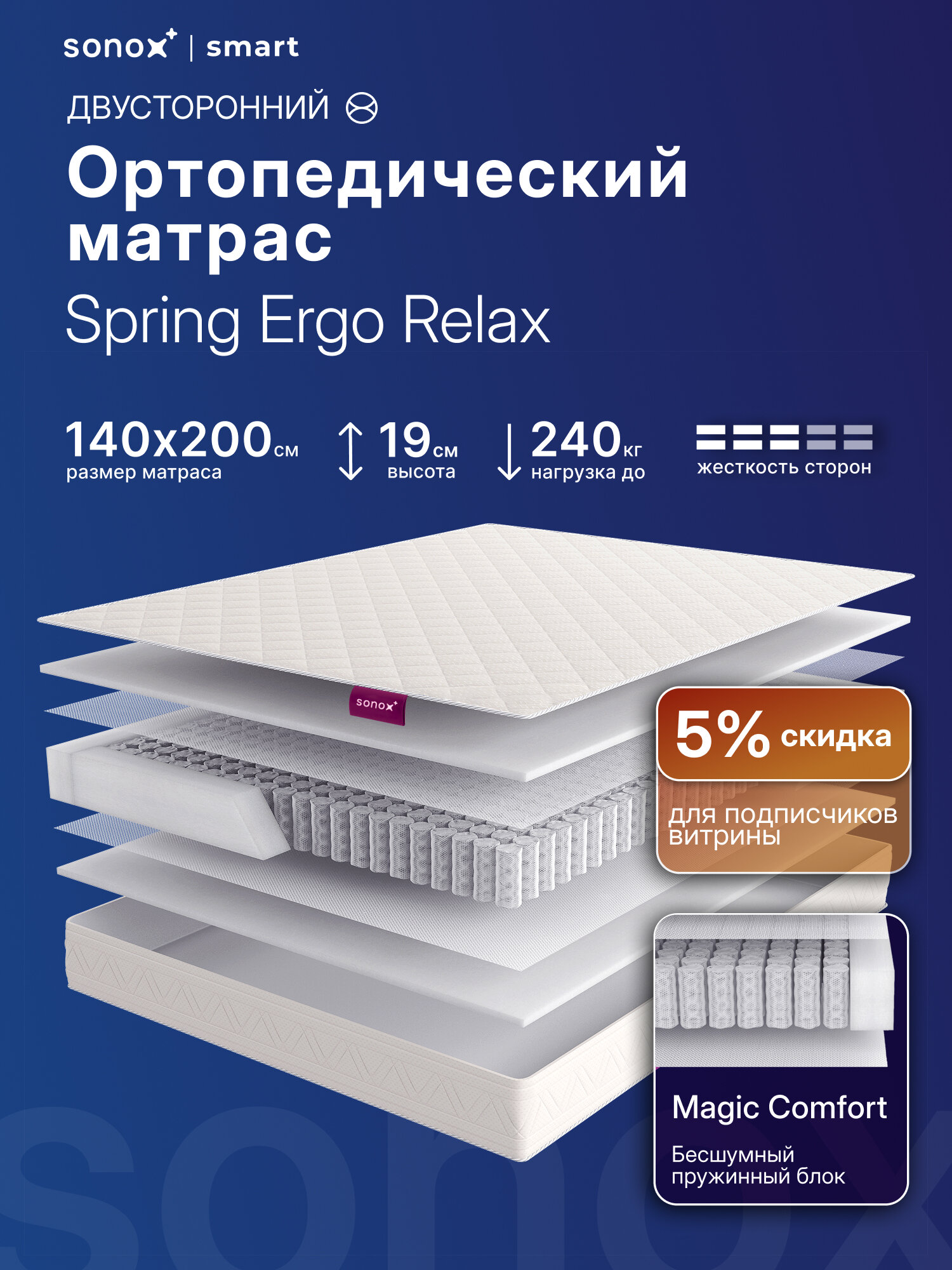 Матрас 140х200, матрас на кровать ортопедический SONOX Spring Ergo Relax (Вента)140х200 двухсторонний