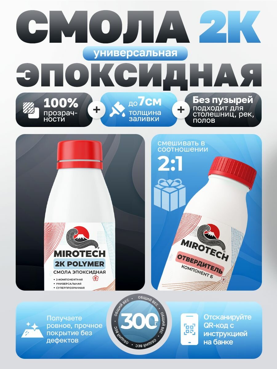 2К Эпоксидная смола универсальная MIROTECH двухкомпонентная кристально-прозрачная, самовыравнивающаяся высокопрочная, без запаха (0.2 кг+0.1 кг отвердитель)