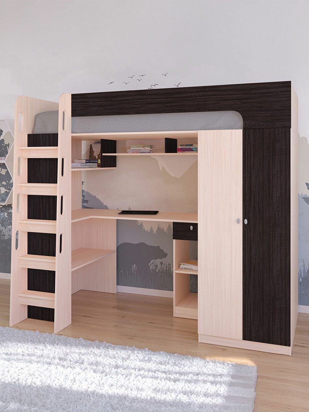 Кровать-чердак Астра-10 80х195 см, с основанием настил, с ящиками, с полками, со шкафом, Дуб Молочный / Венге