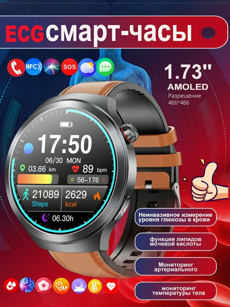 Смарт часы для управления здоровьем, ЭКГ, мониторинг глюкозы в крови, температуры тела