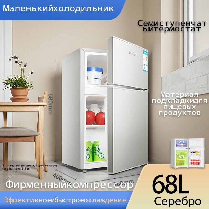 Небольшой холодильник, двухкамерный, объем 68 литров, серебристый