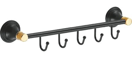 Крючок Fixsen Luksor FX-71605-5B латунный, 5 крючков, золотой, черный, вешалка для полотенец в ванную, на шурупах