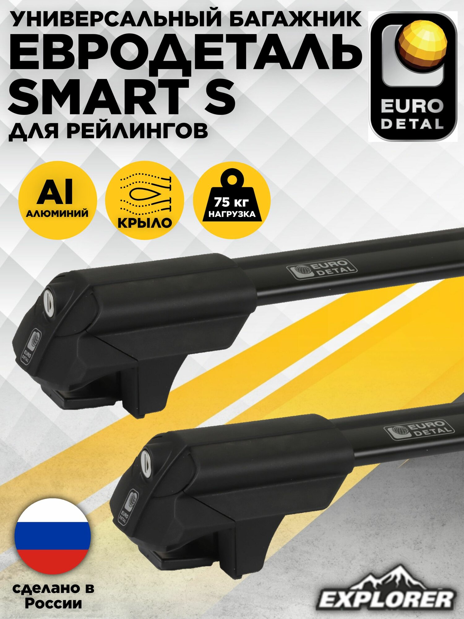 Багажник на рейлинги Евродеталь Smart S для Москвич 3 2022-2024 Хетчбек 5 дв. (черные аэродинамические дуги) Арт. ET4009RR