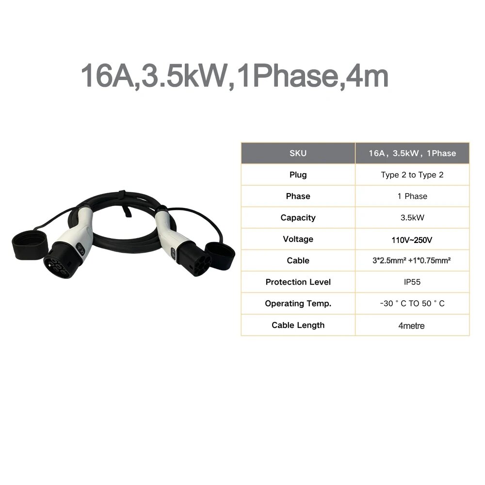 Кабель FITMPH Type 2–Type 2, 3,5 кВт, 16 А, 1 фаза, 4 метра, кабель для зарядки электромобилей Mode 3 IEC62196-2 для электромобилей и PHEV