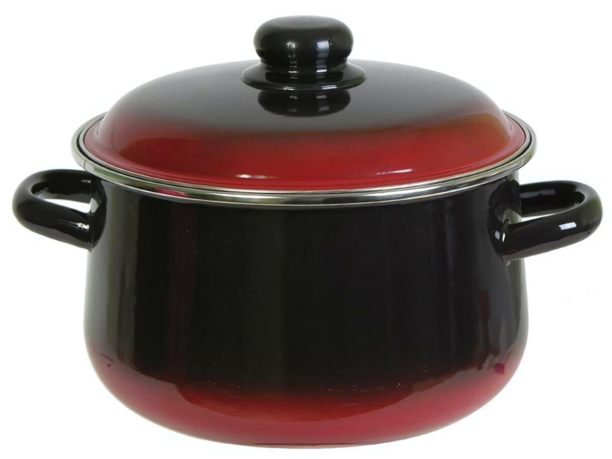 Кастрюля коническая 2л, черная с красным, эмалированная сталь, с металлической крышкой