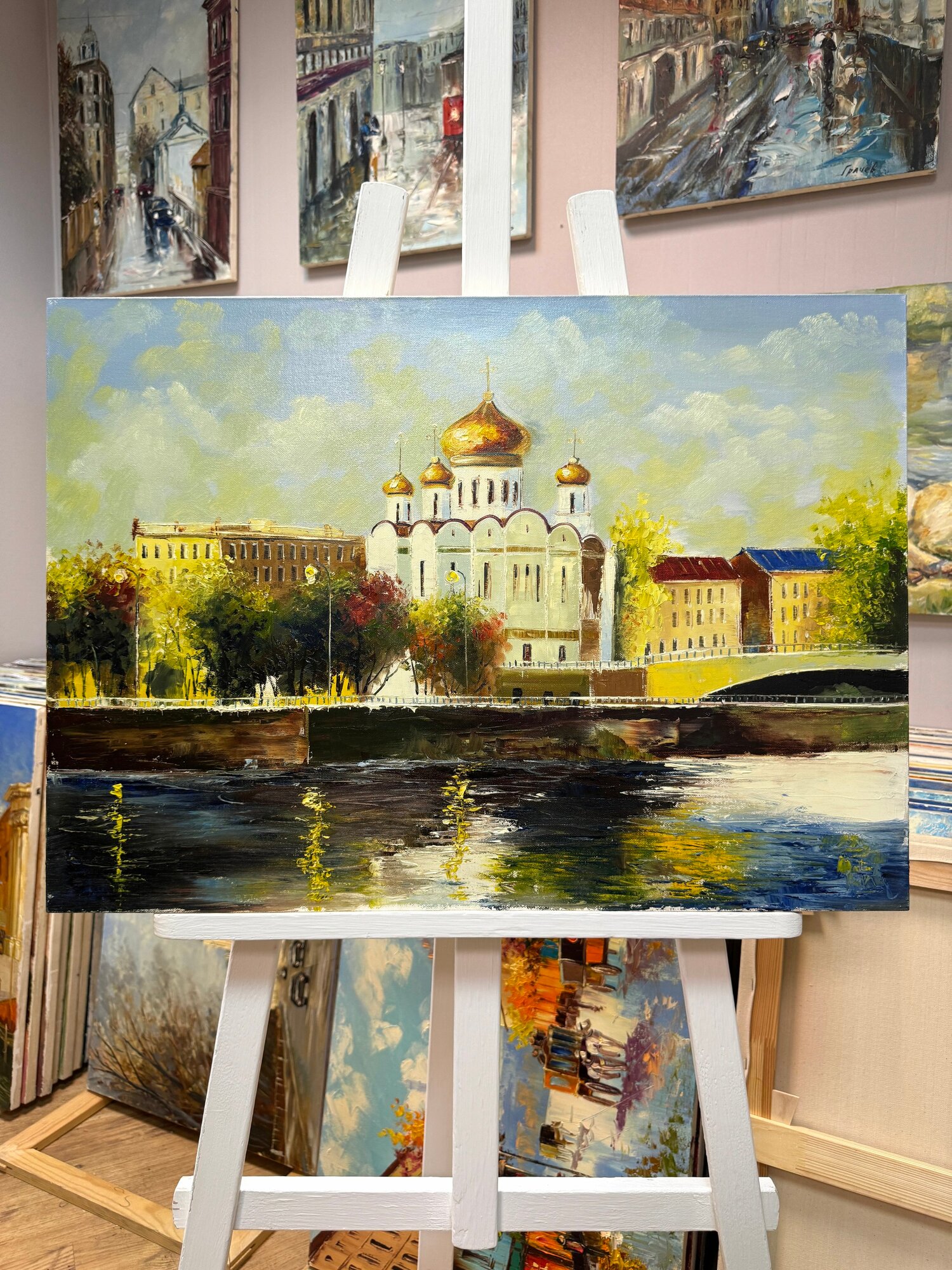 Картина маслом Москва, Пречистенская набережная, Храм Христа Спасителя 50х70 см. Художественная мастерская Грёзы.