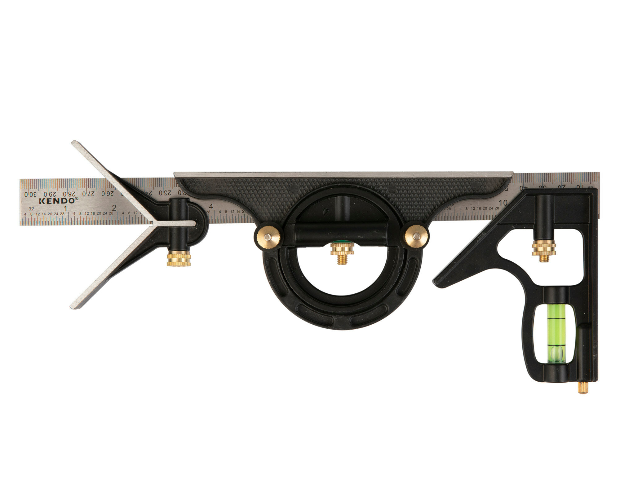 Угольник KENDO KD-35320, длина 30 см, с транспортиром и уровнем, двусторонний