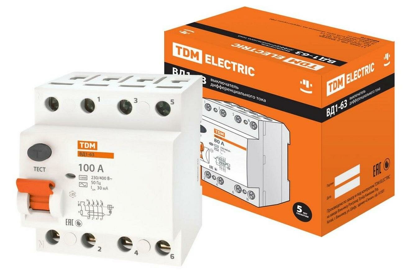 УЗО TDM Electric SQ0203-0050 ВД1-63, 4Р, 100 А, монтаж DIN-рейка, 30 мА