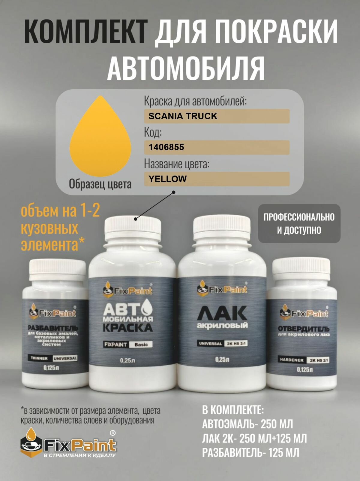 Комплект для покраски SCANIA TRUCK, код 1406855, YELLOW, базовая автомобильная краска 250 мл, лак 2K 250 мл с отвердителем, разбавитель 125 мл, FixPaint Pro