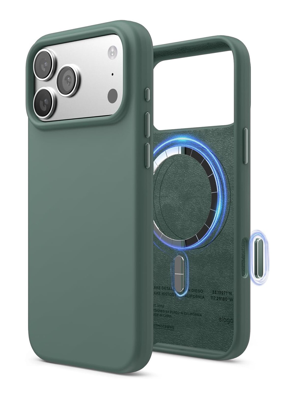 Elago силиконовый чехол для iPhone 17 Pro Max, Magnetic Silicone Midnight Green (MagSafe)