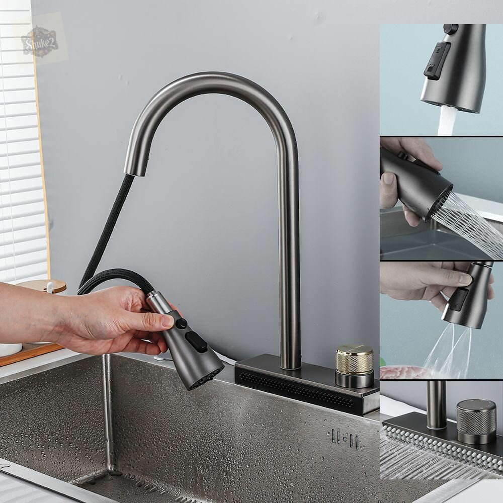 Кухонный кран с водопадом "Летящий дождь" / смеситель горячей и холодной воды / поворот на 360 градусов с 50 выходами / Выдвижная насадка 60 см/4 модели Двойное отверстие, Серый