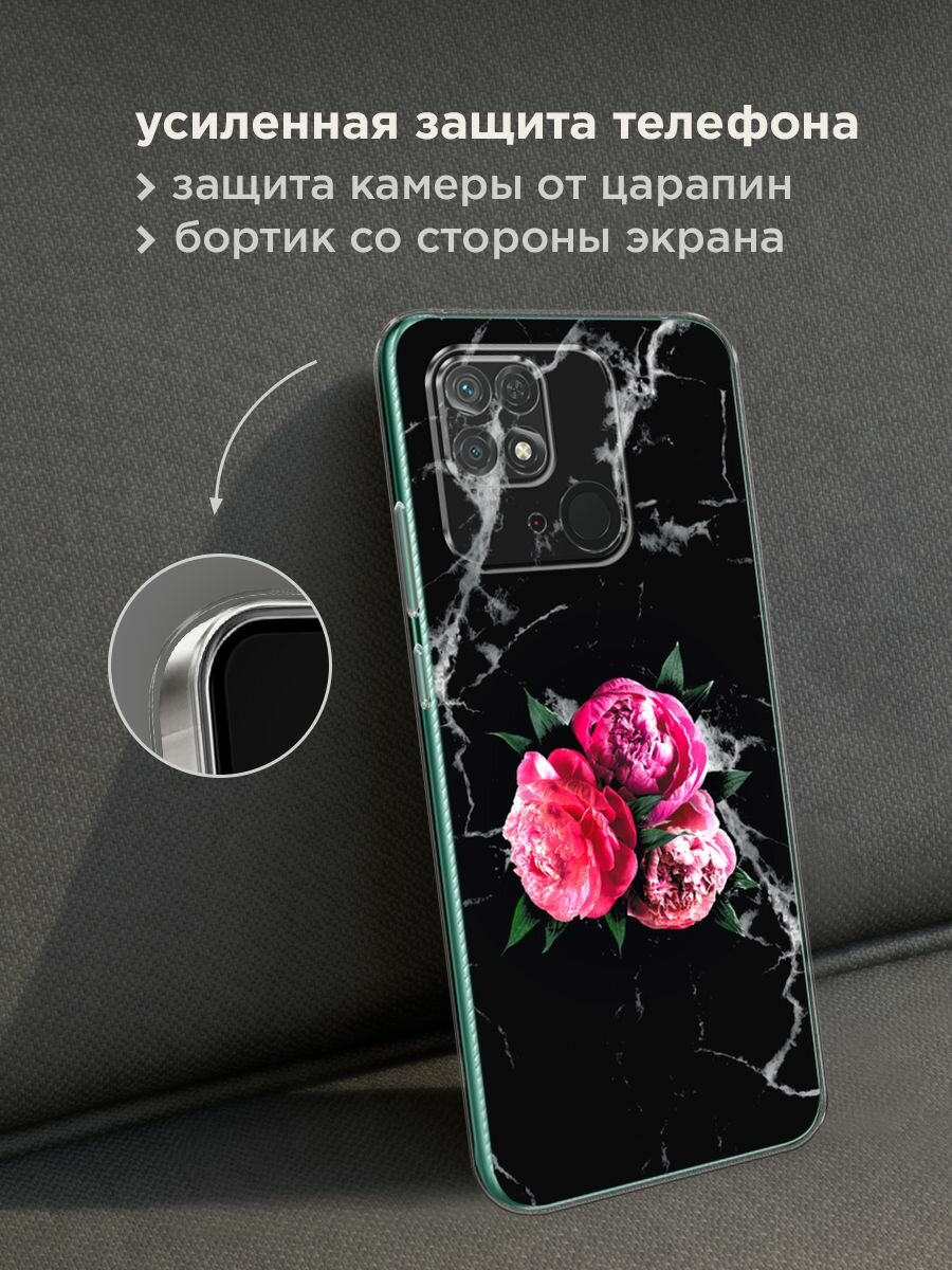 Чехол на Xiaomi Redmi 10C / Сяоми Редми 10C с принтом "Букет на черном мраморе" — фото 1
