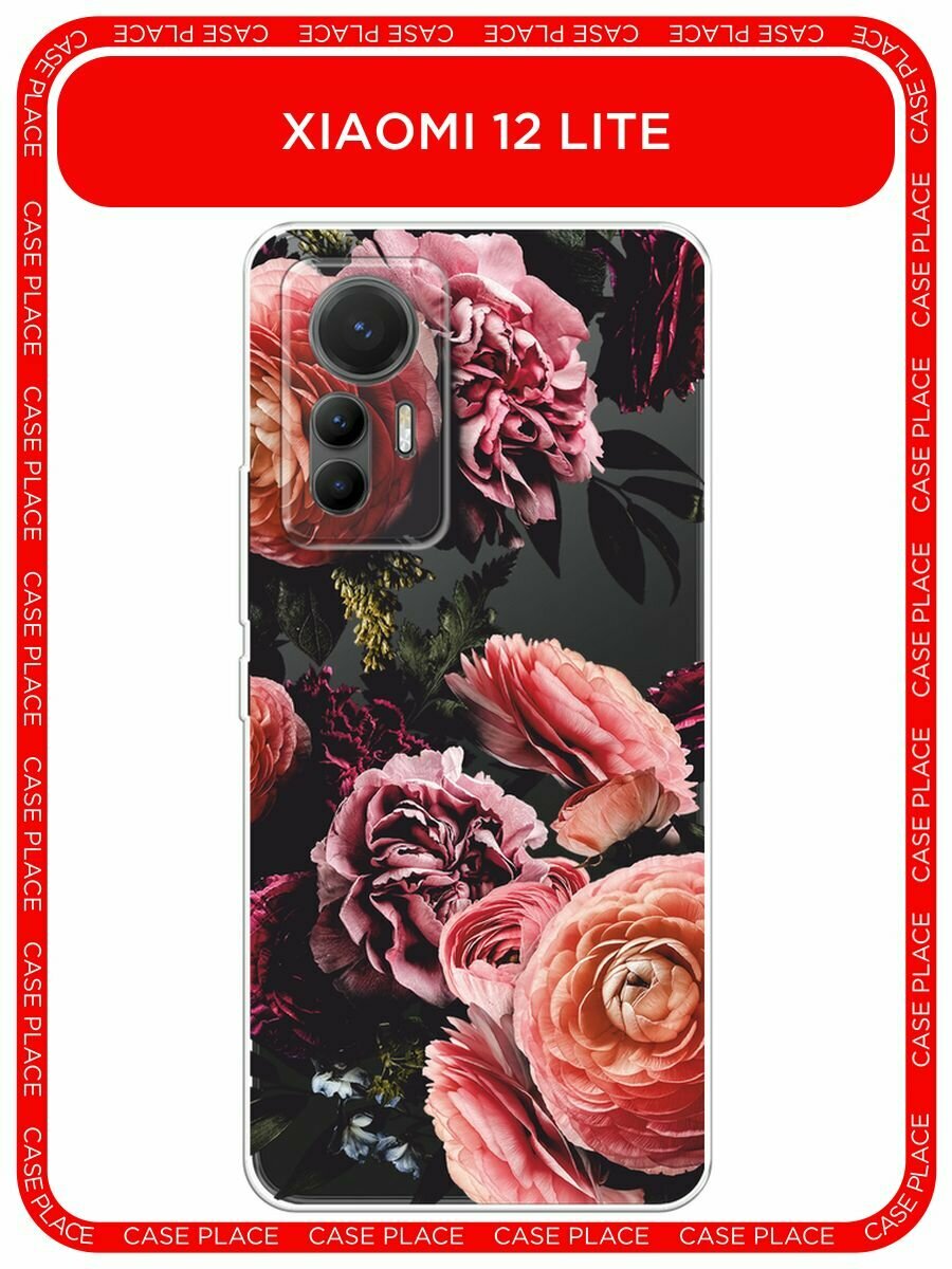 Чехол на Xiaomi 12 Lite / Сяоми 12 Лайт с принтом "Бордовые винтажные цветы", прозрачный