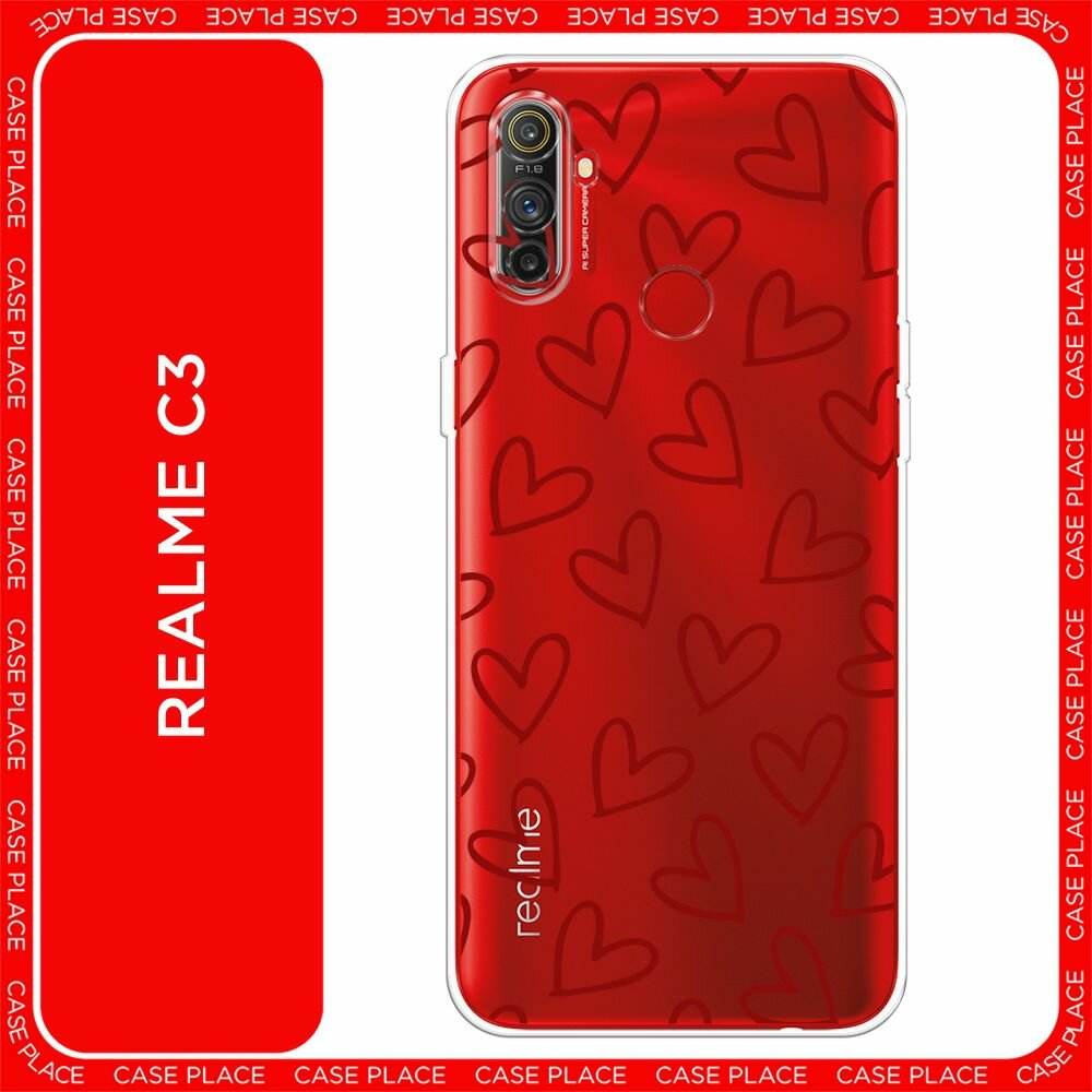 Чехол на Realme C3 / Реалми C3 с принтом "Little hearts doodles 2 - 14 февраля", прозрачный