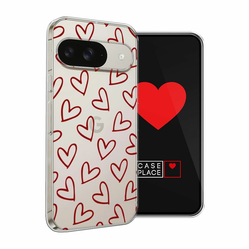 Чехол на Google Pixel 9 / Гугл Пиксель 9 с принтом "Little hearts doodles 2 - 14 февраля", прозрачный — фото 1