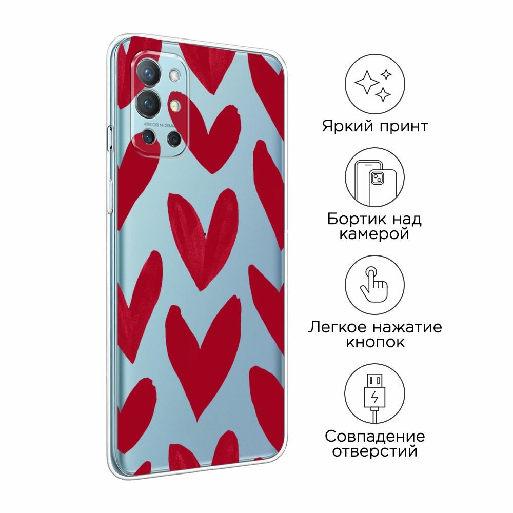 Чехол на OnePlus 9R / ВанПлас 9R с принтом "Красные сердечки рисунок - 14 февраля", прозрачный — фото 1