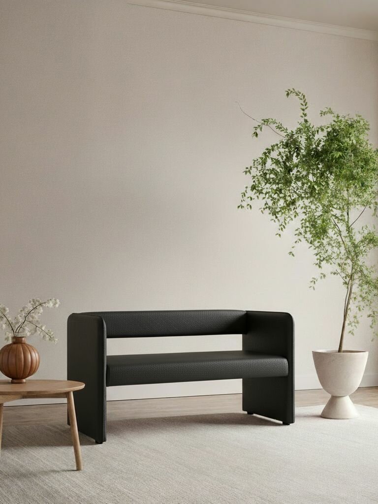 Диван прямой Меркурий черная кожа для офиса, дома, зоны ожидания, кухни