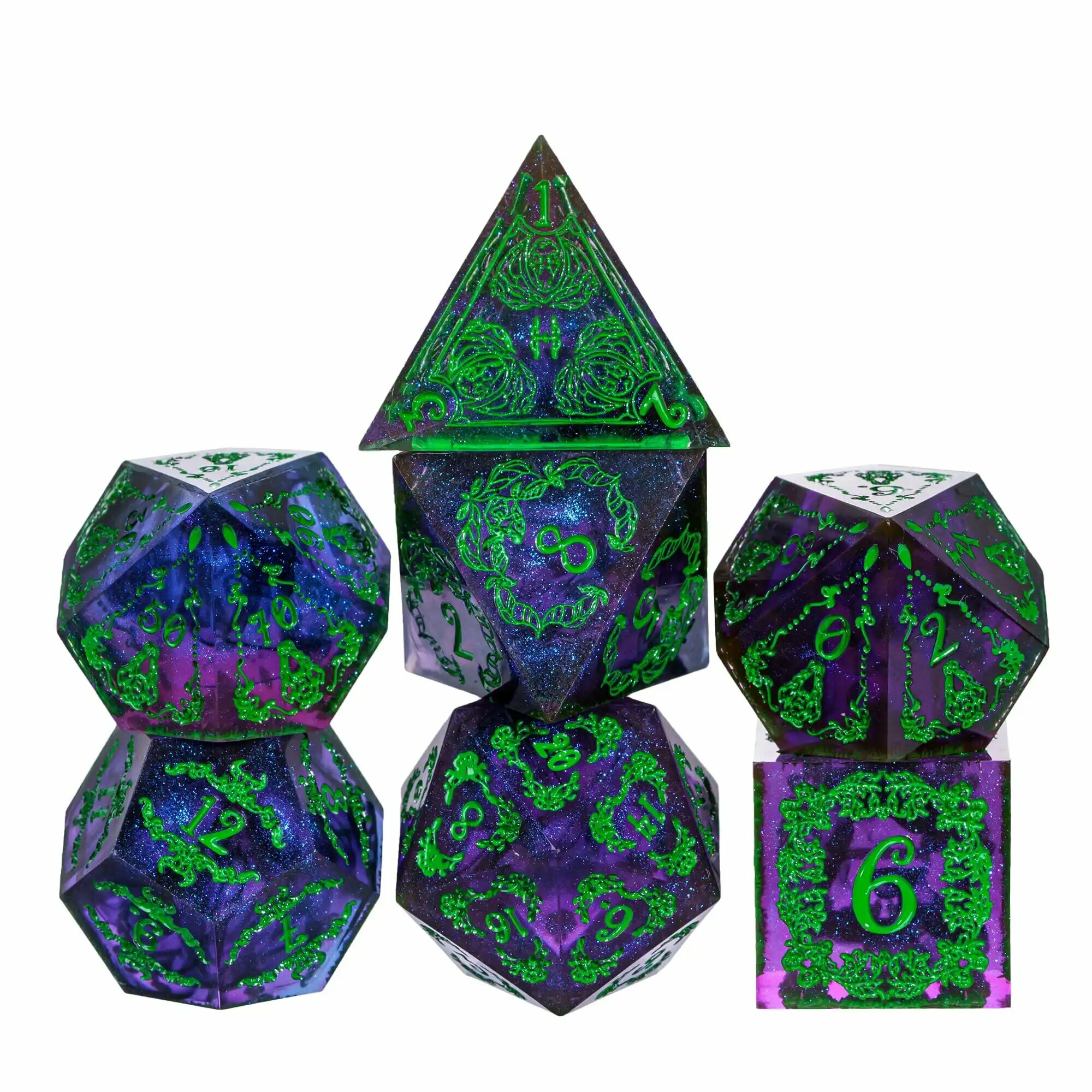Кубики Cusdie для ролевых игр 7 штук Изумрудный, Purple Green pattern