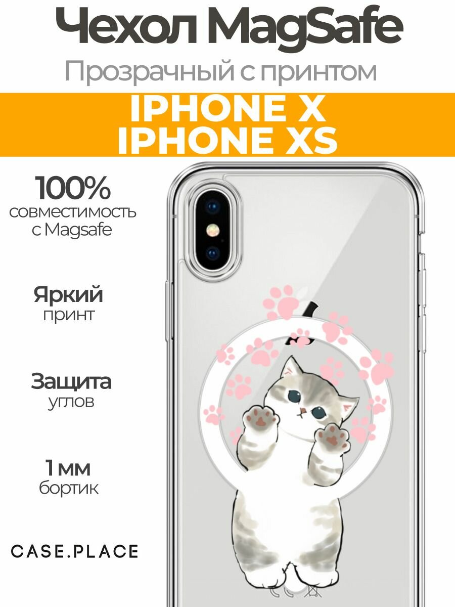 Чехол на Apple iPhone X/XS (Айфон X/XS) MagSafe с магнитом "Котик за стеклом"