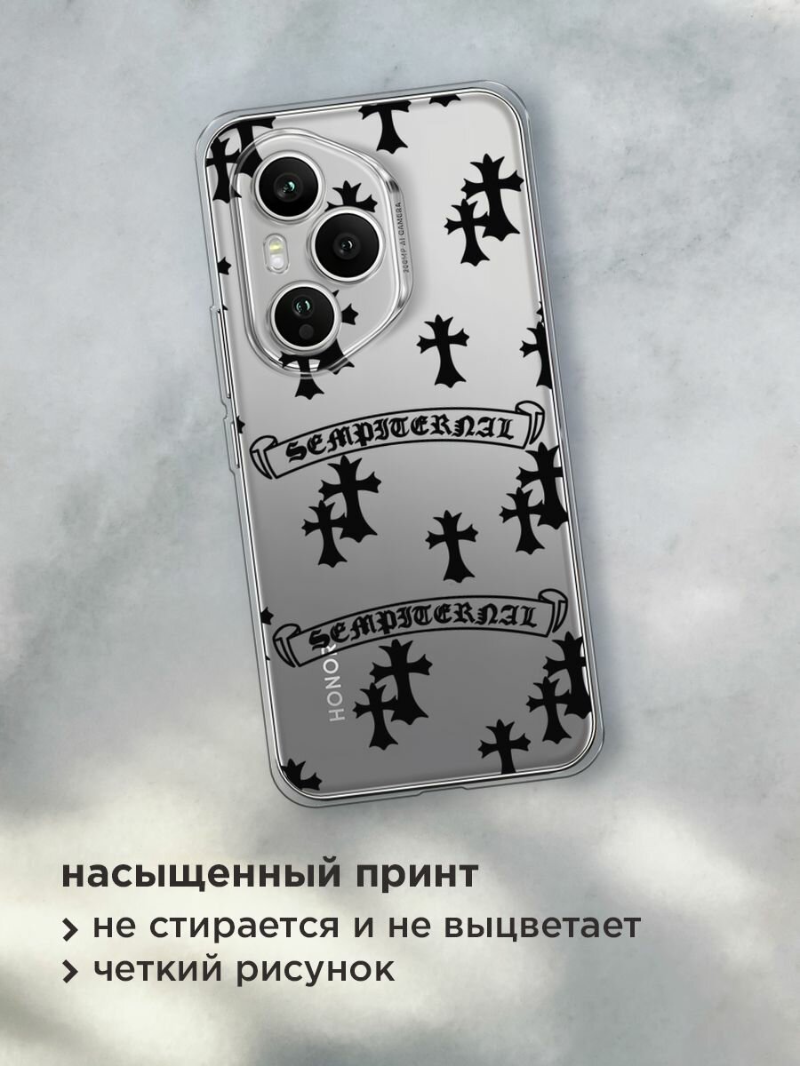 Чехол на Honor 400 Pro / Хонор 400 Про с принтом "Кресты паттерн чёрный", прозрачный — фото 1